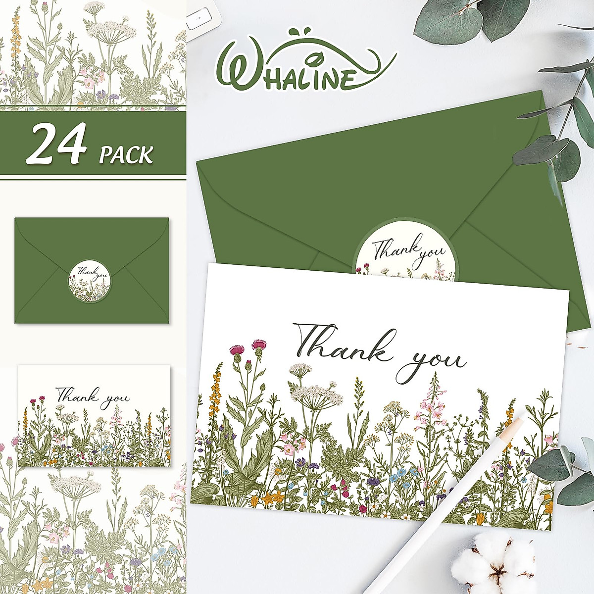 Whaline 24 Pack Vintage Wild Floral Thank You Cards Bulk Retro Botanical Green Leaves Herbs Greeting Cards with Envelope Sticker for Birthday Wedding Baby Shower Bridal Shower