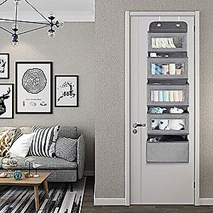 homyfort Over the Door Hanging Organizer Storage with 5 Large Pockets,Wall Mount Storage with Clear Windows and 2 Widened Metal Hooks for Pantry,Nursery,Diapers,Bathroom,kitchen,Closet,Dorm(Grey)