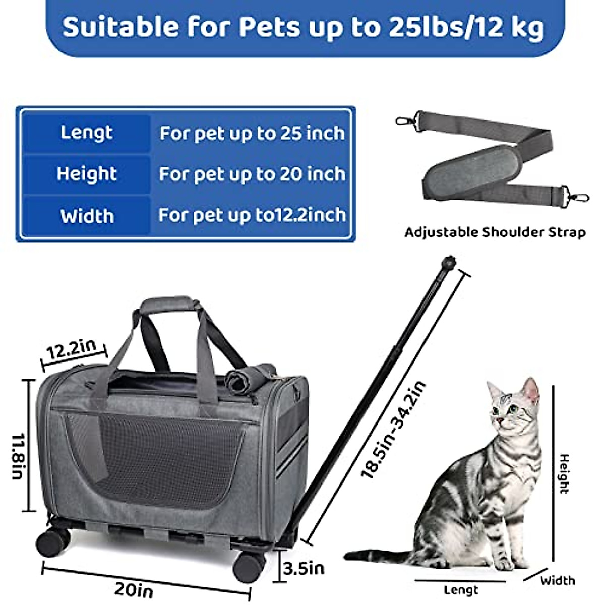 PROKEI Pet Carrier with Wheels for Cat Dog,Airline Approved Telescopic Handle Pet Travel Carrier Bag,Trolley Kennels Rolling for Small Medium Animals Kitten Puppy