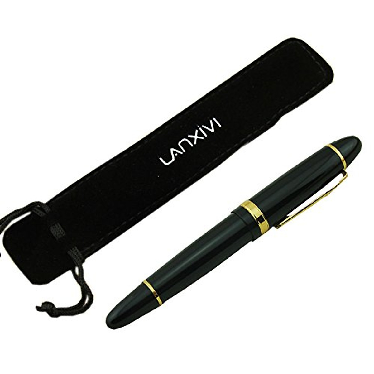 Jinhao 159 Fountain Pen Medium Black Lacquer Gold Trim Big Heavy with Pen Pouch & Refill Ink Converter Business Signature Collection Pen