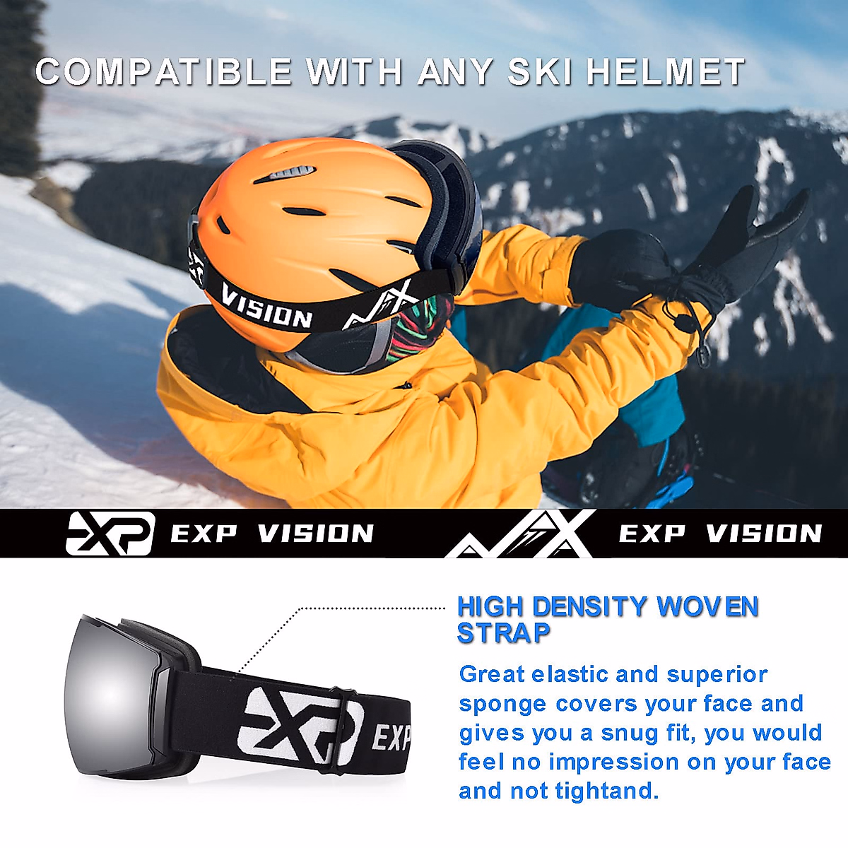 EXP VISION Ski Goggles Anti Fog Magnetic Snow Goggles, OTG Toric Snowboard Goggles for Men Women UV Protection, Frameless, Interchangeable Lens(Silver)