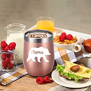 GINGPROUS Mother's Day Gifts for Mom, Mama Bear Wine Tumbler with Lid and Straw, 12 Oz Stainless Steel Insulated Wine Tumbler for Best Mom Birthday Gifts, Rose Gold
