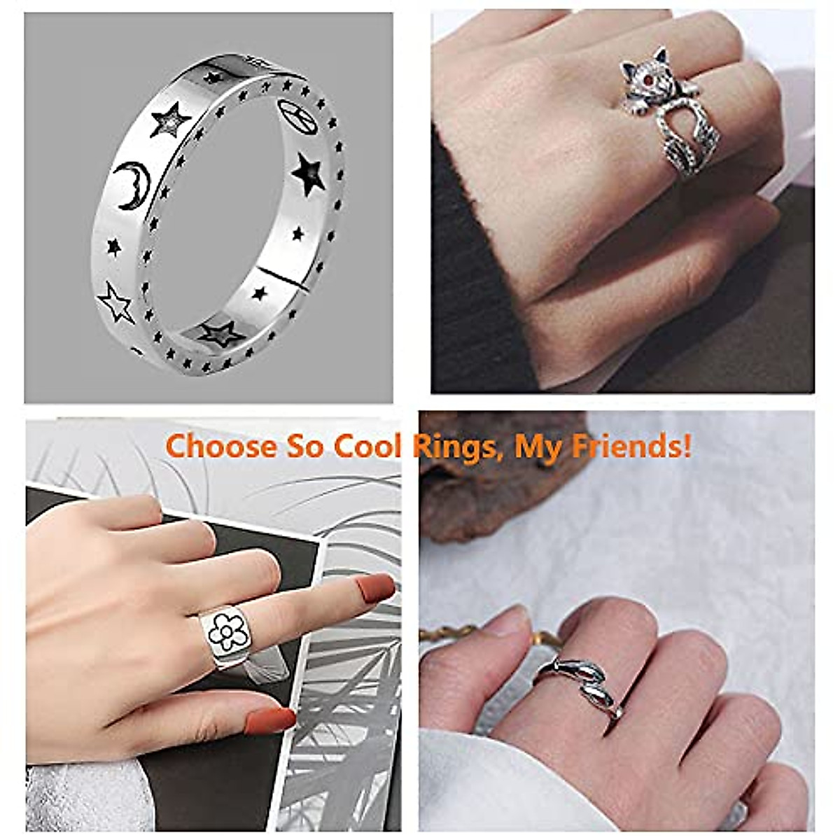 Aogrzun 16 Pcs Cool Silver Plated Frog Open Rings Set, Vintage Matching Rings, Cute and Stylish, Snake, Hug, Moon and Sun Rings for Couples for Women Men
