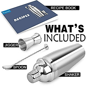 Large 24oz Cocktail Shaker Set, Stainless Steel 18/8 Martini Mixer Shaker with Built-in Strainer, Measuring Jigger & Mixing Spoon, Professional Martini Shaker Set, Perfect for Bartender and Home Use