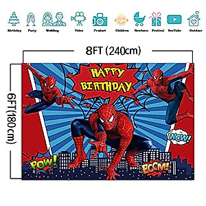 MengGeGe Cartoon Red Spiderman Photography Backdrop Super Cityscape Photo Background Baby Boys Girls Happy Birthday Supplies Superhero Party Banner Cake Table Decorations 8x6ft