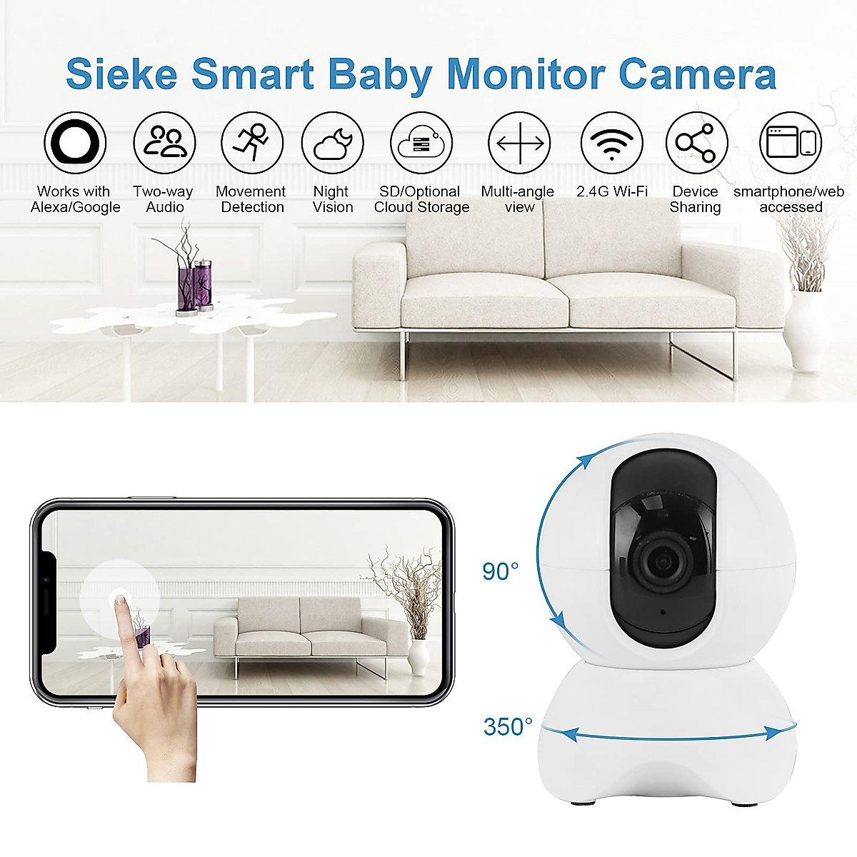Sieke 1080P Smart Two-Way Audio Video Baby Monitor Camera Phone Access with Movement Sensor Night Version Infrared Camera Work with Amazon Alexa Echo and App for Baby, Pets, Elderly