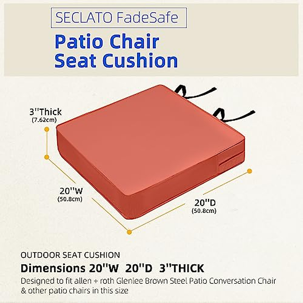 SECLATO Patio Chair Cushion 20x20 Inch Waterproof Outdoor Seat Cushions for Patio Furniture 5-Year Color Fastness Garden Sofa Couch Chair Pads with Handle and Adjustable Straps, 2 Pack, Spice