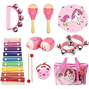 Kids Musical Instruments Sets, 12pcs Wooden Percussion Instruments Toys Tambourine Xylophone for Kids Playing Preschool Education, Early Learning Musical Toys for Boys Girls Gift (Pink)
