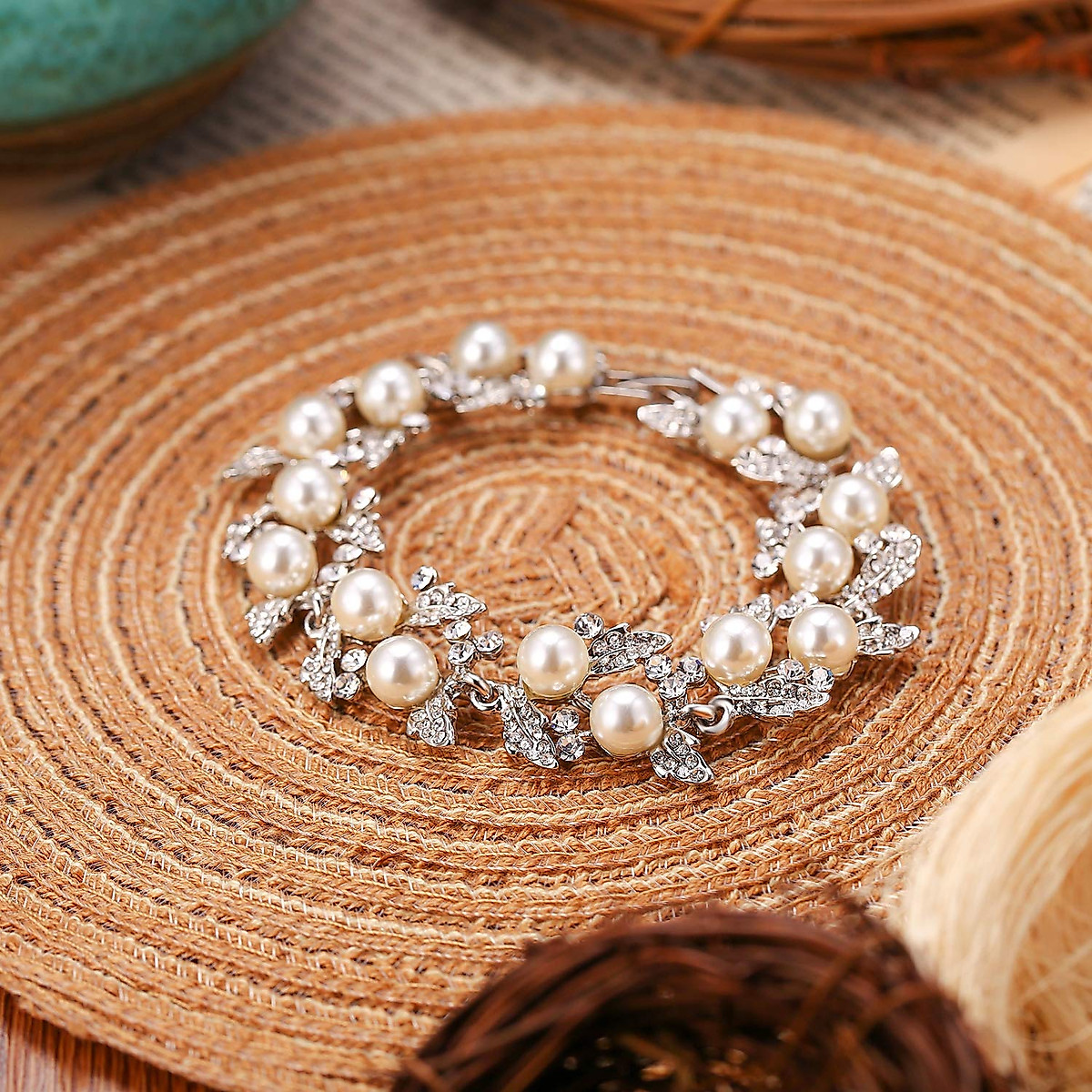 EVER FAITH Austrian Crystal Ivory Color Simulated Pearl Bridal Flower Leaf Bracelet Clear Silver-Tone