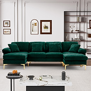 Wrofly U Shaped Sectional Sofa Couch, 114" Convertible L Shaped Sofa with Chaise Lounge & Ottoman, Modern Oversized Modular 4 Seat Sleeper Sofa Set for Living Room Office, Emerald Green Velvet