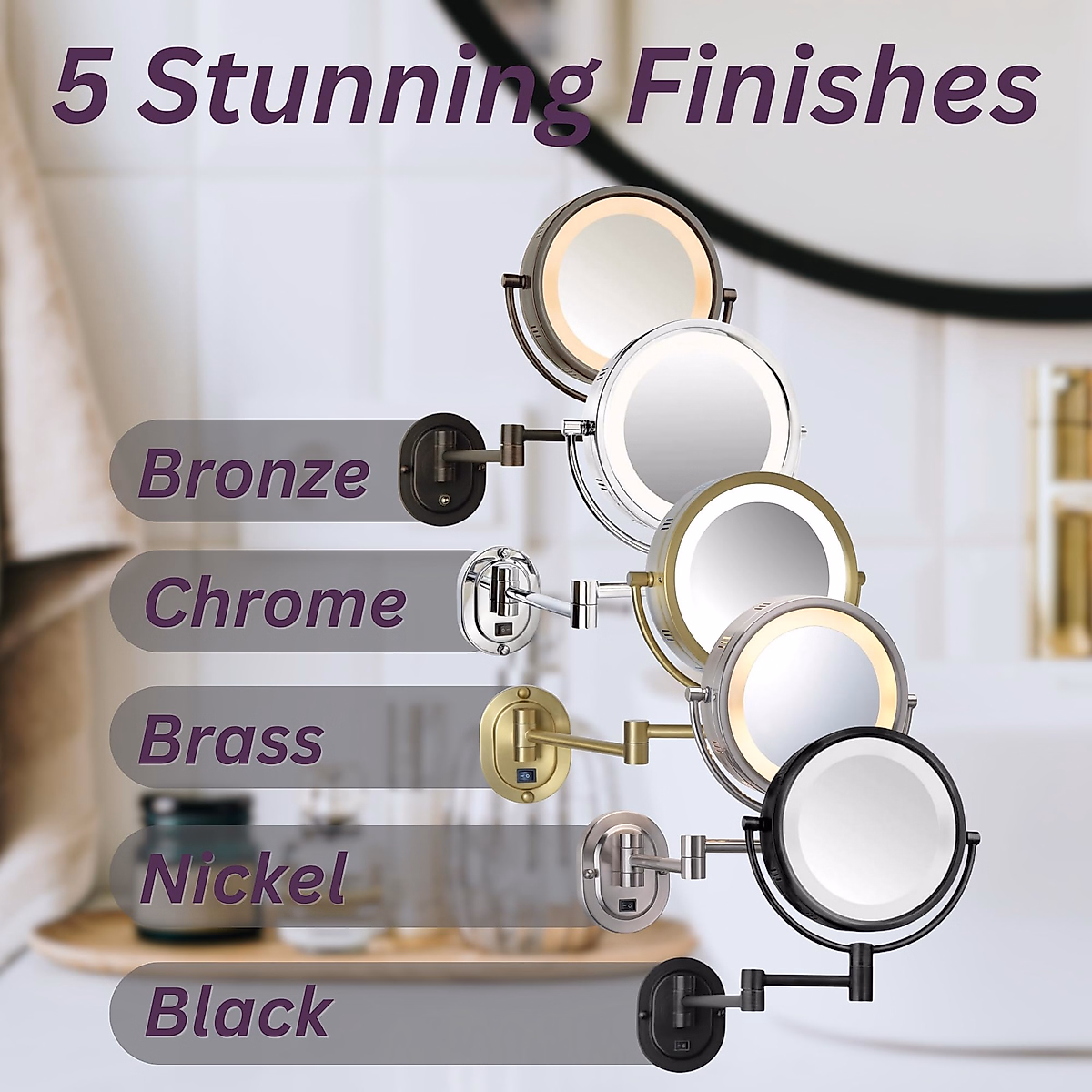 JERDON Wall-Mounted Black Makeup Mirror with LED Lighting - 5X-1X Magnification & 14” Extension - Direct Wire - Model HL65BKD