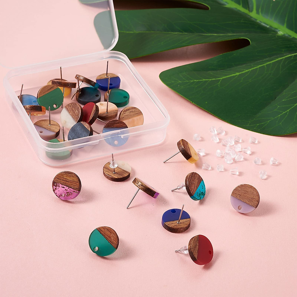 FASHEWELRY 15 Pairs Resin Wood Earrings Posts Flat Round Wooden Earring Blanks Stud Wooden Earring Pin Studs with Earring Back for Dangle Earring Jewelry Making