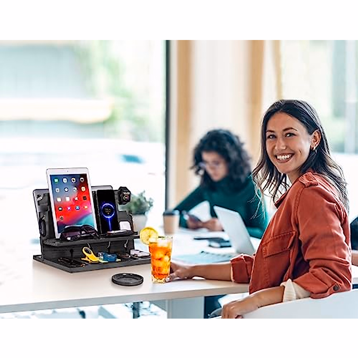 Black Extra Large Wood Phone Docking Station - Nightstand Organizer for Men & Women, iPad Stand For Desk, Tablet Stand Holder, Apple Watch Compatible, Holds Phones, Tablets, Keys, Glasses, EDC & more