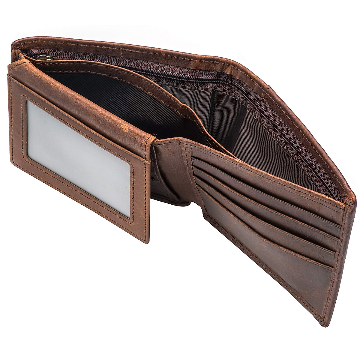 POKOFO RFID Blocking Genuine Leather Bifold Wallet for Men with Zipper and 2 ID Windows (Dark brown)