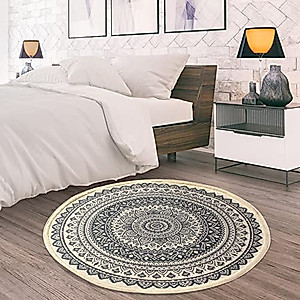 nd Round Rugs 3ft Bedroom Rug Mandala Bohemian Vintage Pattern Round Carpet Circle Area Rug Cotton Hand Woven Table Rug with Tassels Indoor Living Room Kids Room Bathroom mat, Black/Blue