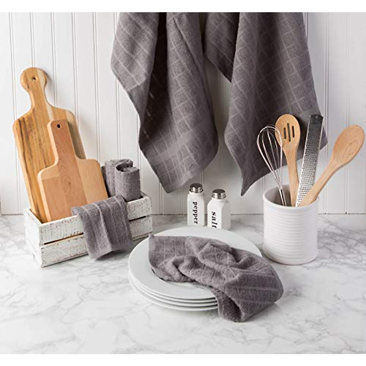 DII Basic Terry Collection Windowpane Dishtowel Set, 16x26, GraySolid, 4 Piece