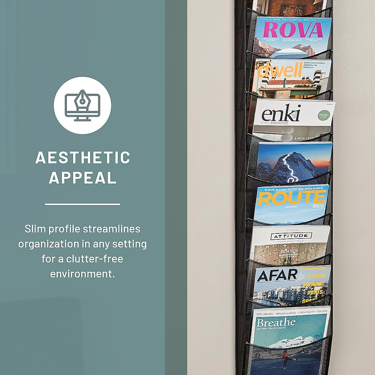 Safco Onyx Mesh Magazine Holder, Display Rack with 10 Pockets, Brochure Organizer, Commercial-Grade Steel Construction, Black