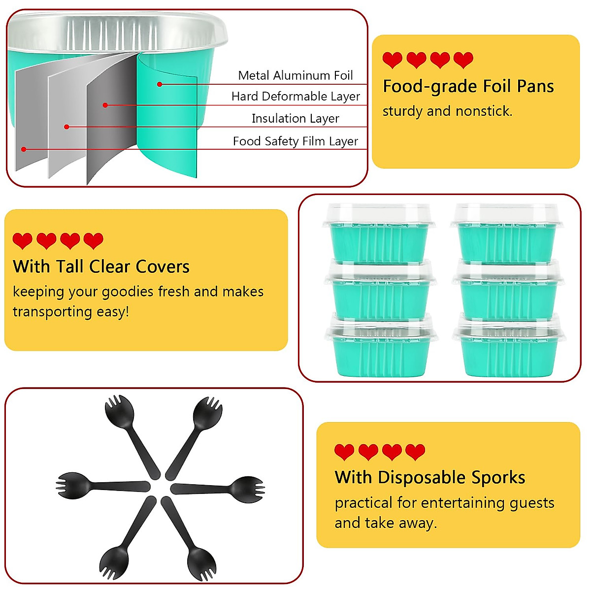 10oz Aluminum Brownie Pans 40 Pack,LNYZQUS Square 4”X4” Disposable Ramekins Cupcake Liners With Lids,Mini Cake Baking Pans,Large Muffin Tin Holders For Catering Gathering-Cyan Blue