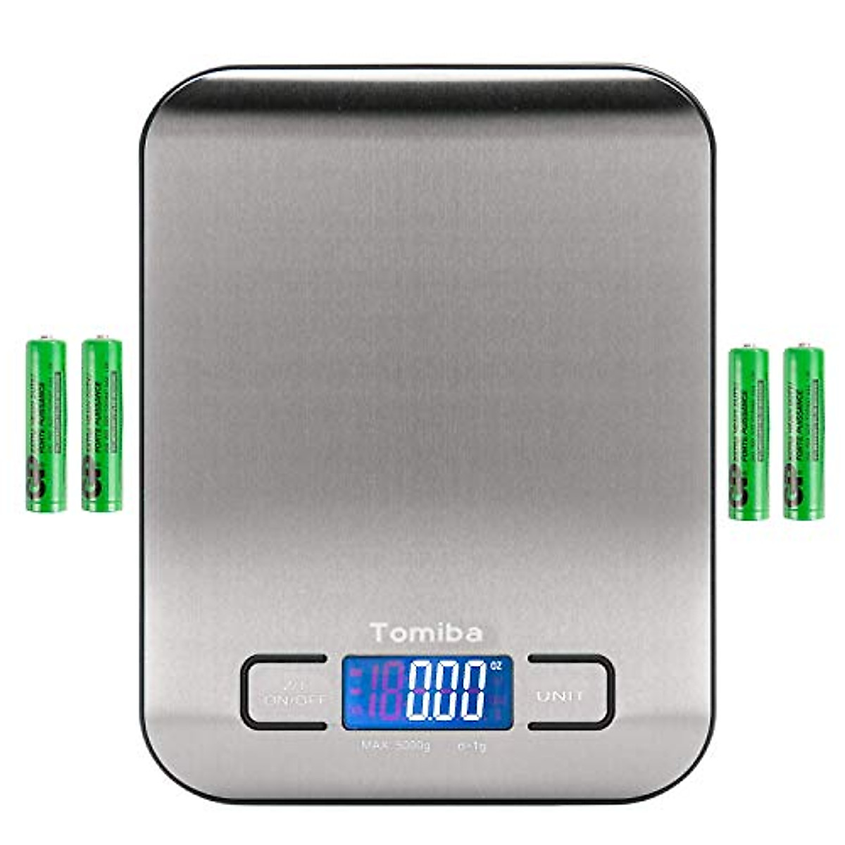 Tomiba Digital Kitchen Food Scale 11 lb Grams and Ounces Small Stainless Steel Backlit Silver Batteries Included