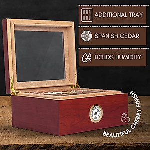 Mantello Glass Top Cigar Humidors - Humidor Cigar Box with Humidifier, Spanish Cedar Tray, Divider, and Hygrometer - Gifts for Men, Holds 25 to 50 Cigars