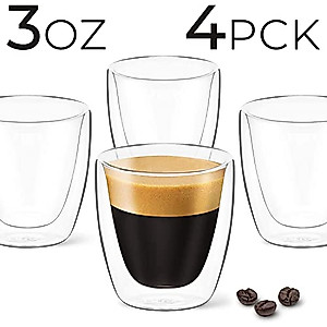 DLux Espresso Coffee Cups 3oz, Double Wall, Clear Glass set of 4 Glasses, Insulated Borosilicate Glassware Tea Cup
