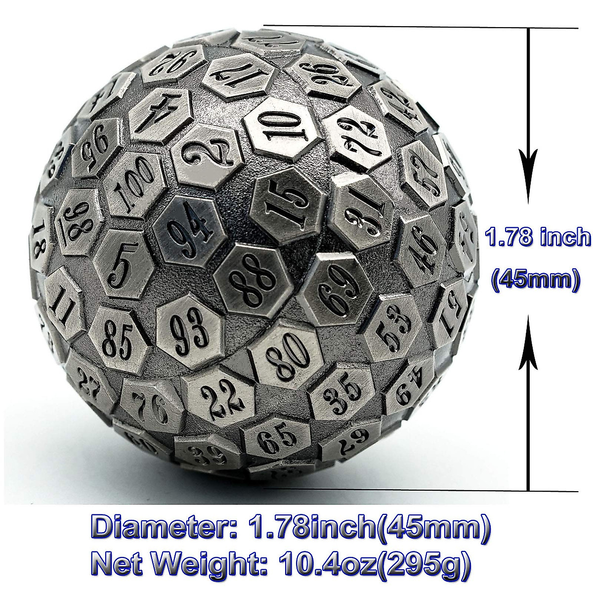 Cusdie D100 DND Metal Dice, 100 Sided Giant Metal Dice, Single D100 Polyhedral Dice with Gift Box for RPGs (Ancient Silver)