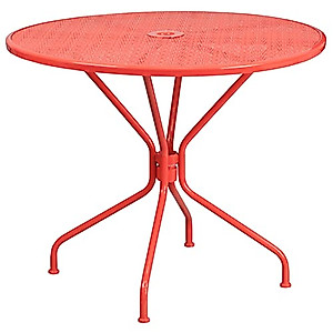 Flash Furniture Commercial Grade 35.25" Round Coral Indoor-Outdoor Steel Patio Table with Umbrella Hole