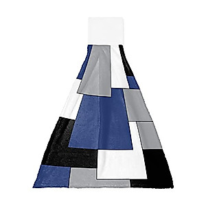 ERXPOOD Kitchen Hanging Hand Towels 1 Pack, Navy Blue Black Gray White Checkered Soft Absorbent Tie Towel for Bathroom Abstract Art Color Squares Tea Bar Dish Towel with Loop Home Cleaning Decor