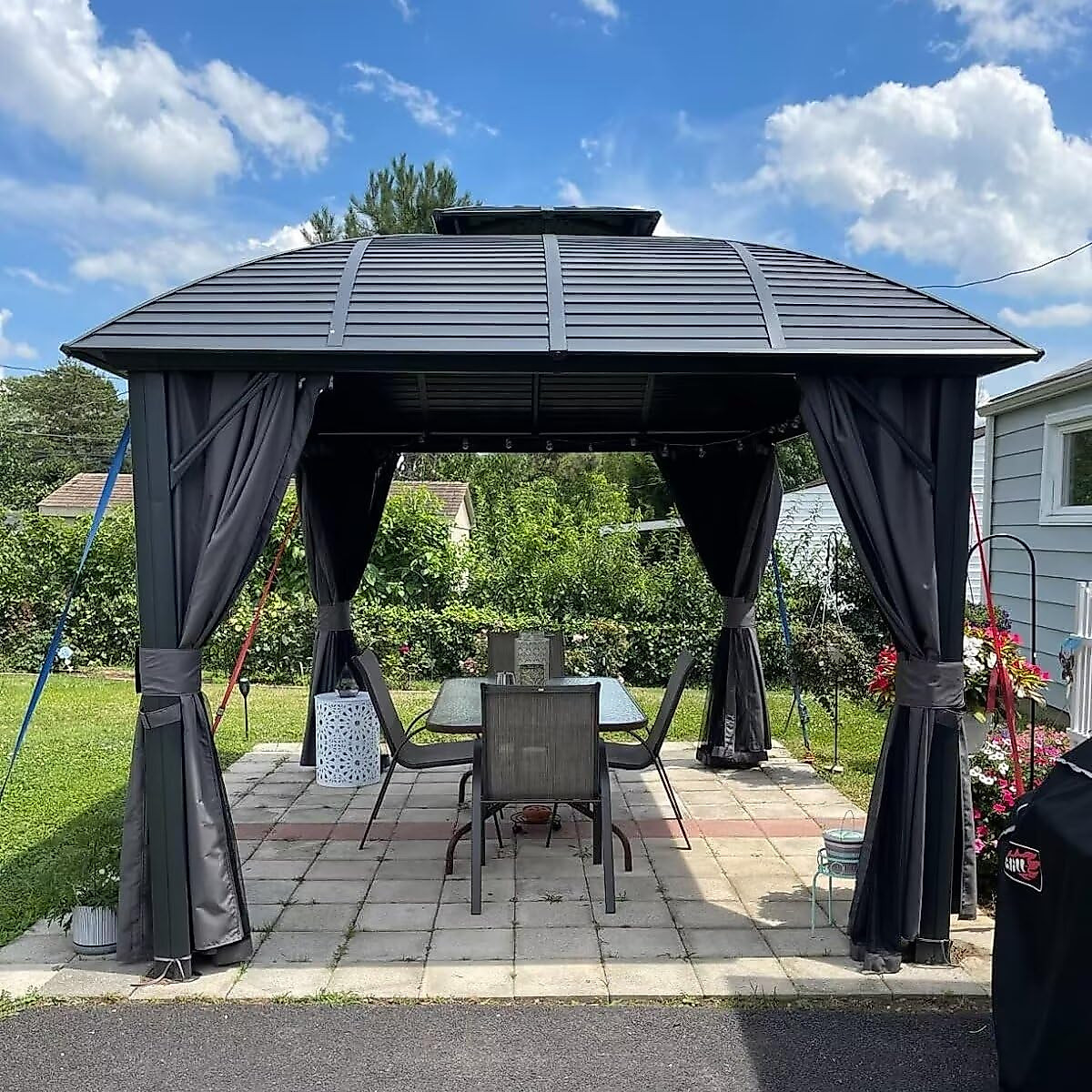 Domi 10'x12' Hardtop Gazebo Arc Canopy,Outdoor Aluminum Gazebo with Galvanized Steel Double Roof,Curtain and Netting,Permanent Gazebos Pavilion for Patio Deck,Backyard,Gray
