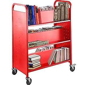 VEVOR Book Cart, 200lbs Library Cart, 35x19x49 Inch Rolling Book Cart Double Sided W-Shaped Sloped Shelves with 4-Inch Lockable Wheels for Home Shelves Office and School Book Truck in Red