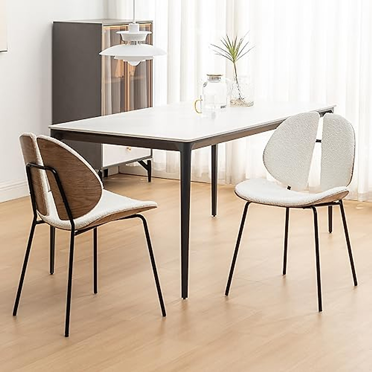 Art Leon Dining Chairs, Set of 2, Modern Boucle Fabric Dining Room Chairs with Bentwood, Armless Accent Chairs with Metal Legs for Kitchen Restaurant, White