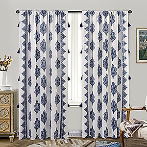 DriftAway Sadie Paisley Medallion Pattern Boho Velvet Room Darkening Unlined Window Curtains with Handmade Tassels for Bedroom Living Room Rod Pocket 2 Panels Each 50 Inch by 84 Inch Navy Blue