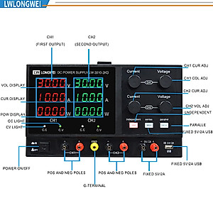 LWLONGWEI DC Power Supply Variable,4 Channels 30V 10A 2 * 300W Adjustable Switching Regulated DC Bench Power Supply with 4-Digits LED Power Display 5V/2A USB/DC Output Black