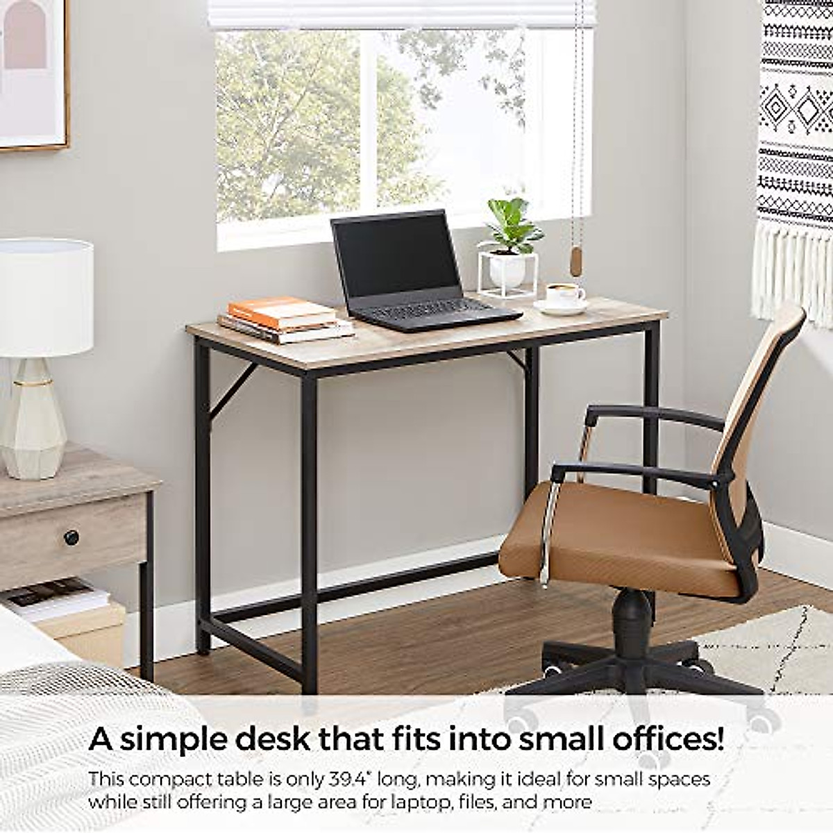VASAGLE 39-Inch Computer Writing Desk, Home Office Small Study Workstation, Industrial Style PC Laptop Table, Steel Frame, 39.4, Greige + Black
