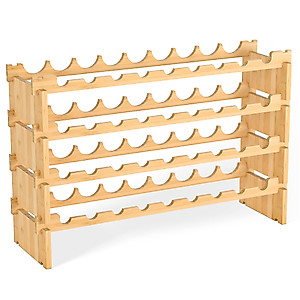 Domax Wine Rack Freestanding Floor - 4 Tiers Stackable Wine Rack 36 Bottle Wine Bottle Holder， Bamboo Wine Holder Wine Storage for Kitchen, Bar, Pantry, Wine Cellar and Countertop (Yellow)