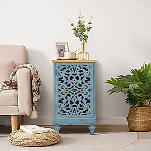PHI VILLA Small Accent Storage Cabinet with Single Door - Decorative Nightstand for Living Room Bedroom, End Side Table Cabinet Blue