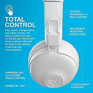 JLab Studio Wireless On-Ear Headphones, White, 30+ Hour Bluetooth 5 Playtime, EQ3 Sound, Ultra-Plush Faux Leather & Cloud Foam Cushions, Track and Volume Controls
