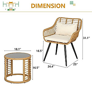 HTTH Outdoor Furniture Bistro Set Patio Conversation Bistro Set Outdoor Woven Rope Table Set Tan Wicker Chat Set with Cushions Patio Furniture Sets for Balcony Garde (S-Beige)