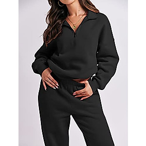 ANRABESS Women's Oversized Long Sleeve Lounge Sets Casual Top and Pants 2 Piece Outfits Sweatsuit with Pockets Black Ci776-hei-S