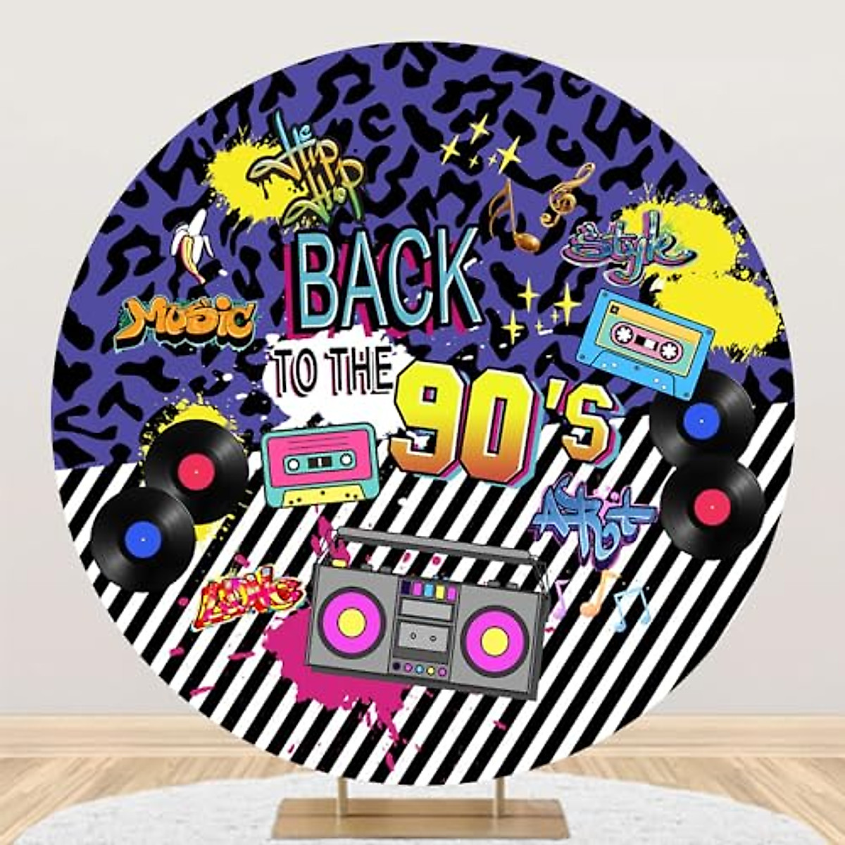 AWERT Polyester Diameter 7ft Round Back to The 90's Backdrop Retro Colorful Graffiti Hip Hop Old Radio Black White Stripes Photo Background 90's Theme Birthday Party Discos Ball Decoration