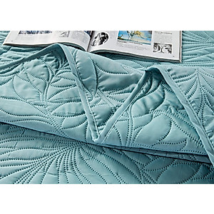 GrandLinen 3-Piece Leaf Pattern Bedspread Sets - Savannah Quilt Set in Solid Spa Blue King size 118"X106" Oversize Lightweight Coverlet with 2 Pillow Shams - Soft Microfiber