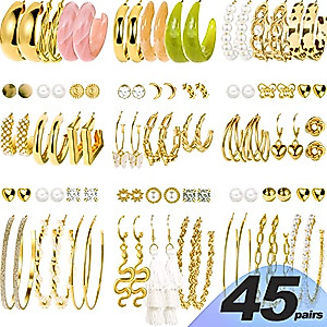 45 Pairs Gold Hoop Earrings for Women, Chunky Twisted Small Big Hoops Earring Packs Set, Earrings for women multipack, Fashion Trendy Earrings Jewelry for Birthday Party Christmas Gift