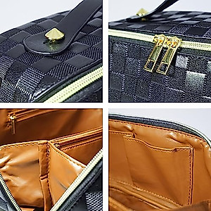 vhivhias Portable Checkered Makeup Bag Large Capacity Portable Travel Cosmetic Bag Opens Flat PU Leather Waterproof Black