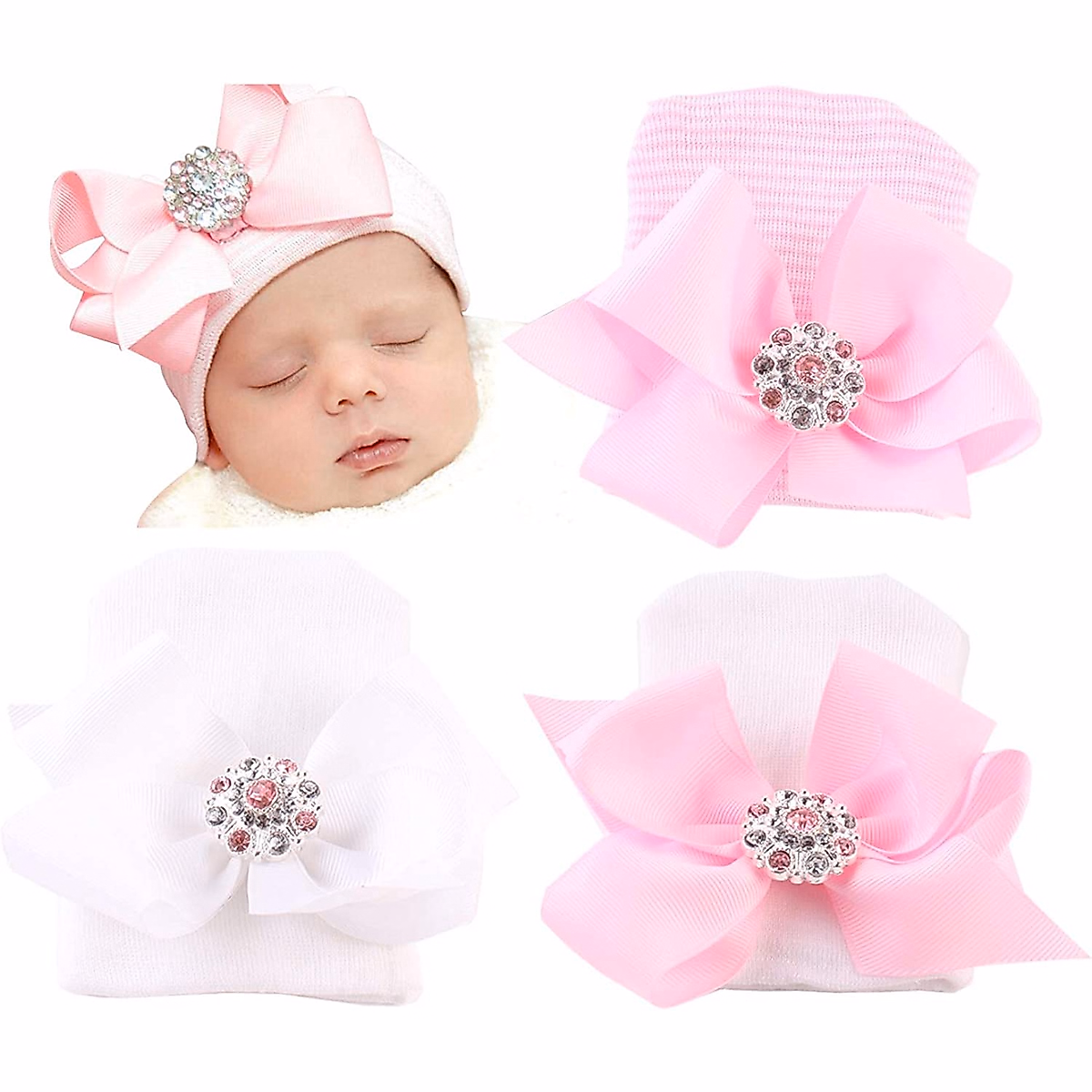 DRESHOW BQUBO Newborn Hospital Hat Infant Baby Hat Cap with Big Bow Soft Cute Knot Nursery Beanie