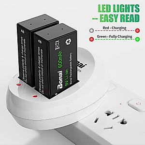 BONAI 6F22 9 Volt Rechargeable Battery(4 Pack) 600mAh Li-ion Rechargeable 9v Batteries with Charger(2 Bay) High Capacity