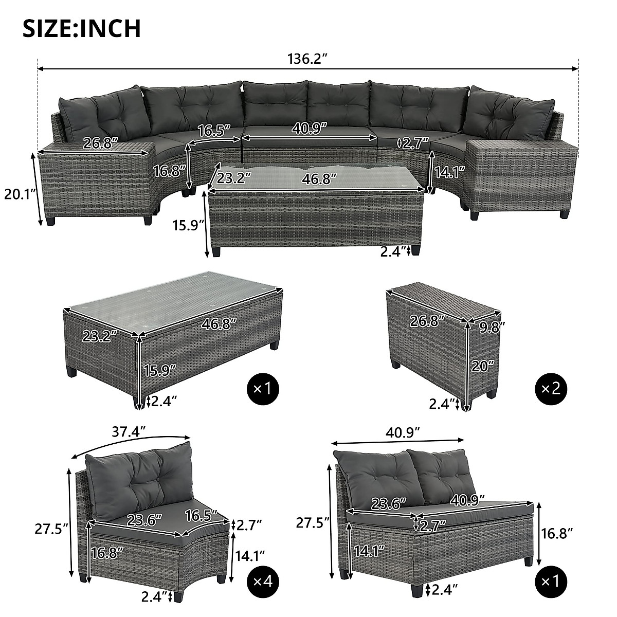 8-Pieces Outdoor Wicker Half-Moon Sectional Sofa Set, All-Weather PE Rattan Wicker Furniture Set with Rectangular Coffee Table and Movable Cushion, Best for Business Conversations (Gray/8-piece*H)