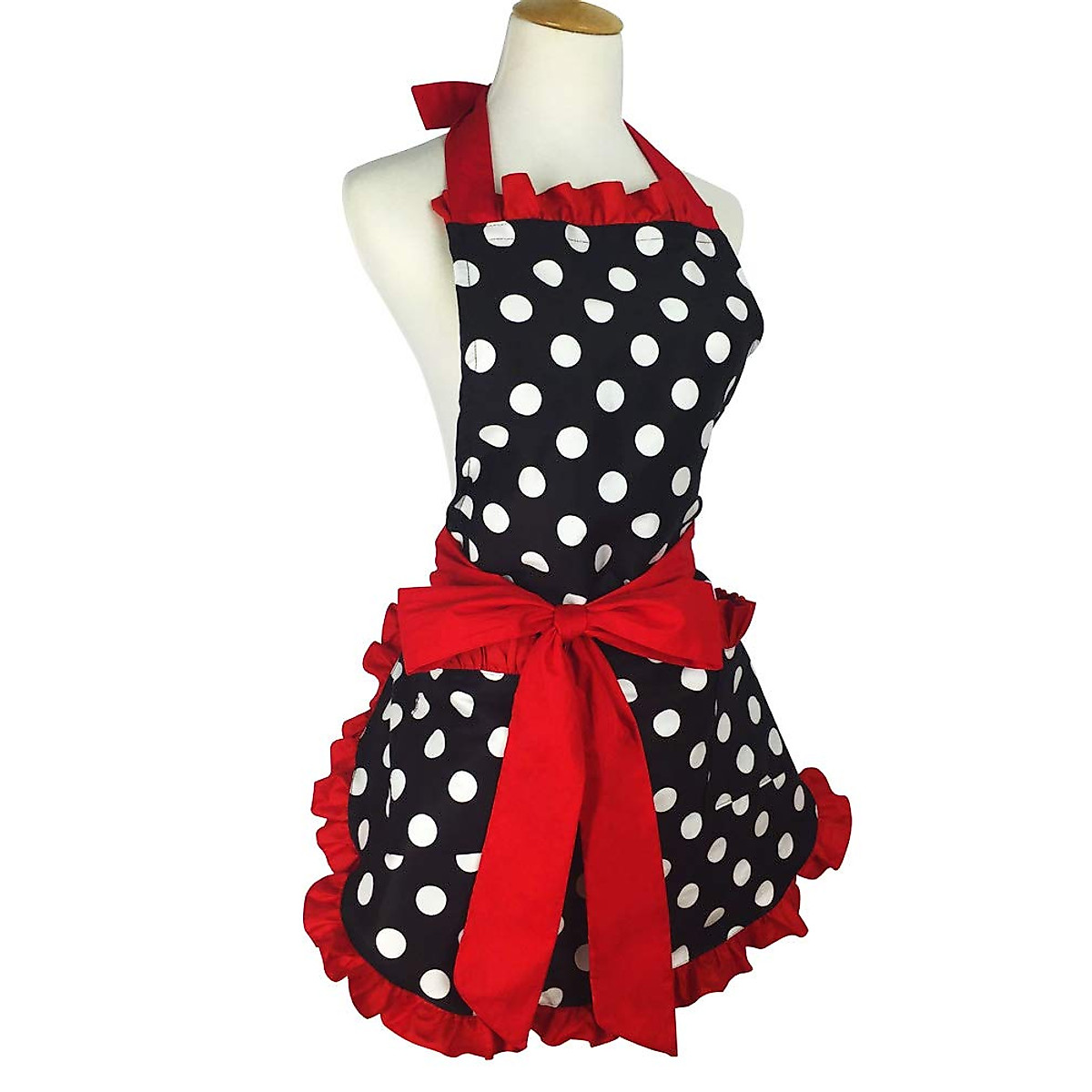 Floosum Lovely Cute Red Retro Ruffle Side Sexy Cute Lady's Kitchen Cooking Apron with Pocket Gift for Women Girls Chef Housewarming, Red