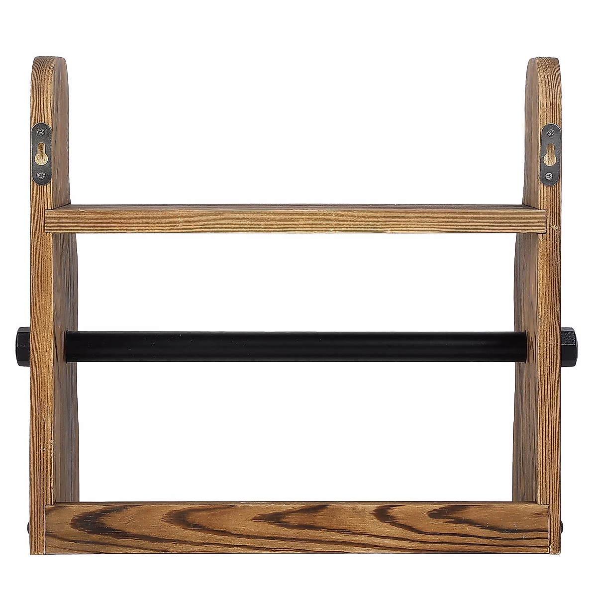 MyGift Wall Mounted Solid Burnt Wood Paper Towel Holder and Spice Rack Storage Shelf with Industrial Black Metal Bar for Easy Refill, Countertop Standard Roll Paper Towel Dispenser and Display Shelf