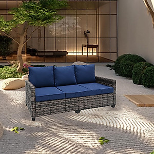 Outdoor Patio Sofa Set 3 Seat Couch, All Weather Comfort Rattan sofa with High Back and Navy Blue Cushions,Outdoor Sofa Set Furniture with Premium Brown Wicker for Garden, Backyard, Porch,Dark Blue