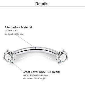 Dyknasz 12 Pieces 16 Gauge Surgical Steel Eyebrow Rings Rook Earring Studs Cartilage Tragus Cubic Zirconia Curved Barbell Body Piercing Jewelry for Women Men 6mm Silver Rose Gold Black